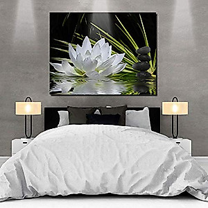 Canvas Wall Art - White Lotus and Black Zen Stones Picture - Modern Wall Decor Gallery Canvas Wraps Giclee Print Stretched and Framed Ready to Hang - 16" x 24"