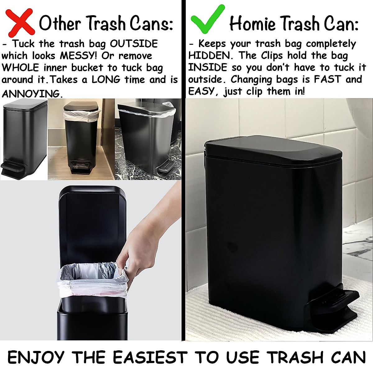 Homie Soft Close, Slim Trash Can 6 Liter / 1.6 Gallon with Anti - Bag Slip Liner and Lid, Use as Mini Garbage Basket, Slim Dust Bin, or Decor in Bathroom, Restroom, Kitchen, or Bedroom (Matte Black)