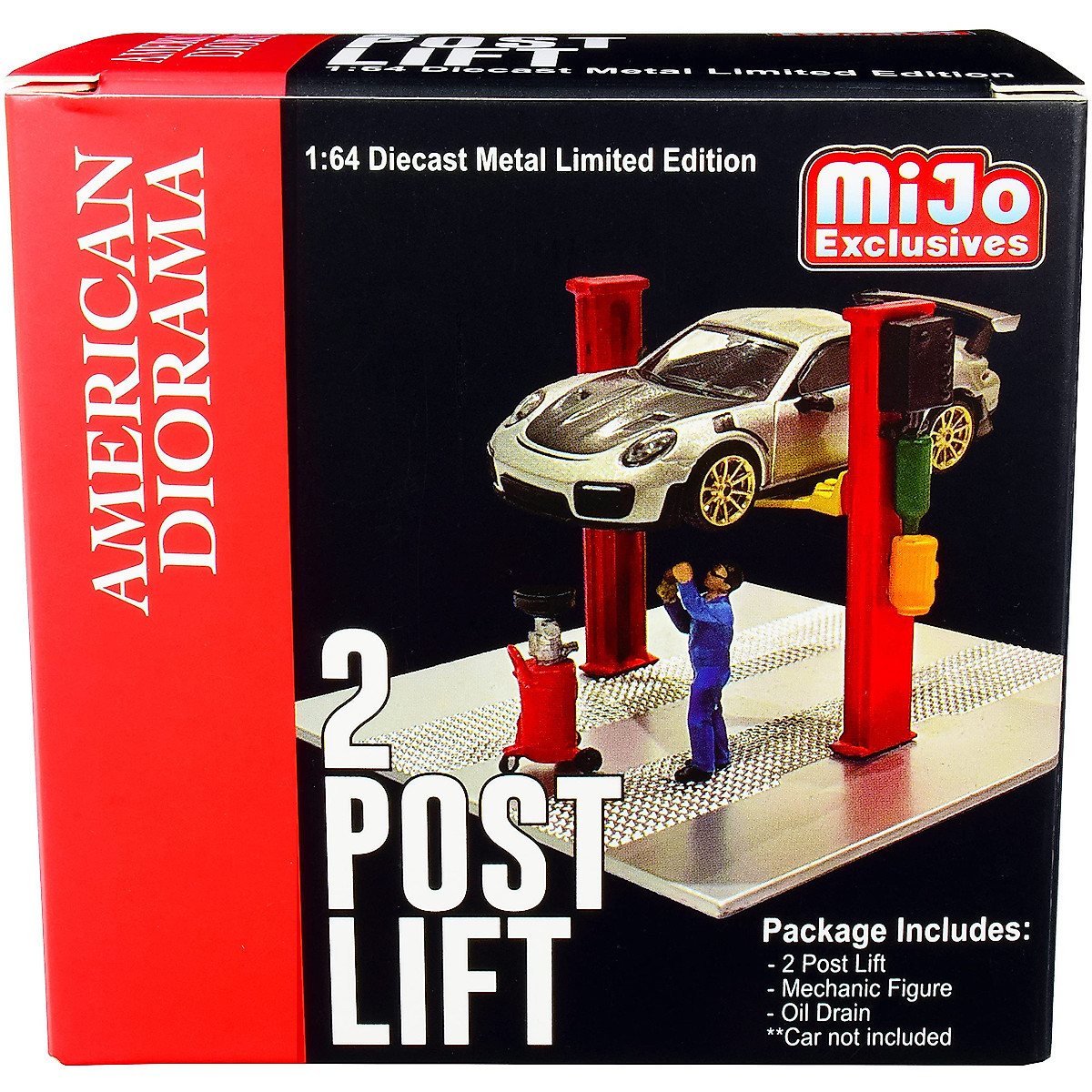 Two Post Lift (Red) with Mechanic Figurine and Oil Drainer Diorama Set for 1/64 Scale Models by American Diorama 38375