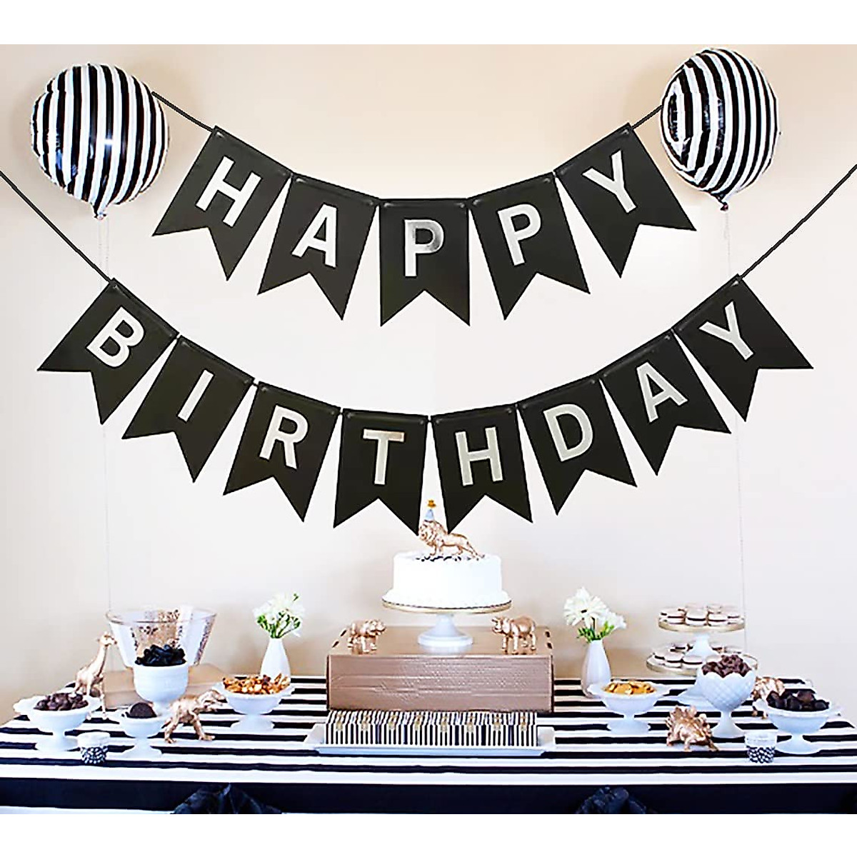 Runhiskii Black Happy Birthday Banner, Durable Happy Birthday Sign with White Silver Letters for Birthday Party Decorations