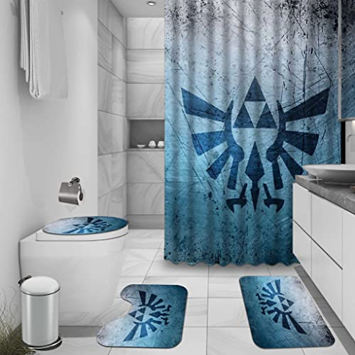 4 Piece The Legend of Shower Curtain Sets with Zelda 12 Hooks,Bathroom Decor Sets,Bath Mat and Toilet Mat Lid Rug Accessories Print,Waterproof(72x72 Inch)