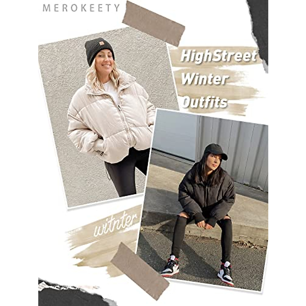 MEROKEETY Women's Winter Long Sleeve Zip Puffer Jacket Baggy Short Down Coats