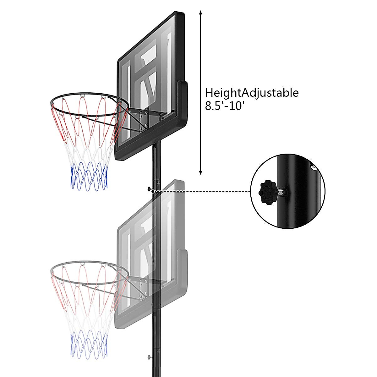 GYMAX Portable Basketball Hoop, 8.5-10ft Height Adjustable Basketball Stand System with 39" Broad Backboard, Spare Net & Transportation Wheels, Indoor/Outdoor Basketball Goal for Kids Youth Family