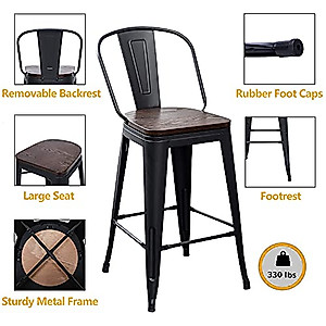 Yongqiang 26" Bar Stools Set of 4 High Back Metal Counter Height Chairs Barstools with Wooden Seat Industrial Matte Black