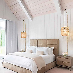 Plug-in Wall Sconces, Hemp Rope Pendant Light, Hand Woven Wall Lamp with Natural Paper String Lampshade, Farmhouse Wall Sconce Wall Mounted Light Boho Hanging Lamp for Bedroom Living Room (2 in1 DIY)