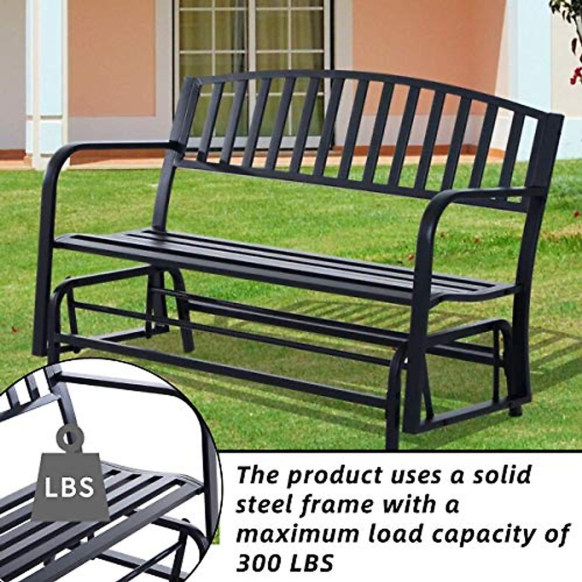 Outdoor Glider Garden Bench, 50" Patio Double Outdoor Swing Rocking Glider w/Durable Metal Cast Iron Porch Glider Seat & Armrests Steel Frame, Garden Glider for Porch, Garden, Sunroom, Backyard, Deck
