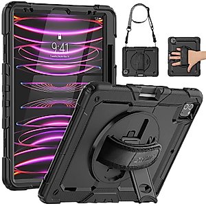 SEYMAC Case for iPad Pro 12.9 Case 2022/2021/ 2020/2018, Heavy Duty Protection Shockproof Case with Screen Protector, 360° Rotating Stand/Handle/Shoulder Strap, Supports Pencil 2 Charging, Black