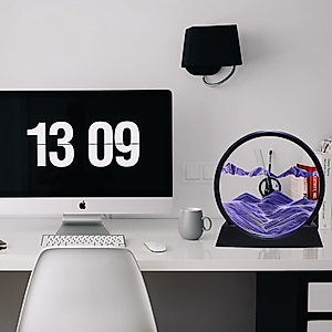 ANXUS Moving Sand Art Picture in Motion Round Glass 3D Deep Sea Sandscape Display Flowing Sand Frame, Sensory Relaxing Desktop Home Office Work Desk Decor(7", Purple)