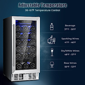 KOTEK 30 Bottles Wine fridge, Frost Free 15 Inch Beverage Refrigerator w/Glass Door & Lock, Removable Shelves, 36-61°F Digital Temperature Control, Freestanding or Under Counter, Wine Cooler for Home
