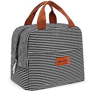DANIA & DEAN Durable Insulated Lunch Bag for Women/Men/Kids Double Zippers Wide Open Bag Leakproof Thermal and Cooler Reusable Lunch Box for Office School Outdoor (Black and White Stripes)