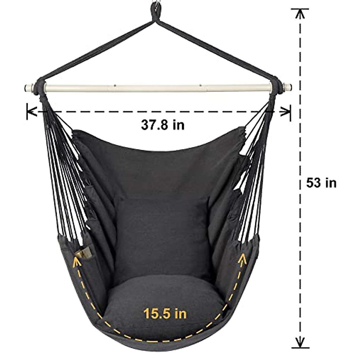 Y- Stop Hammock Chair Hanging Rope Swing, Max 500 Lbs, 2 Seat Cushions Included, Quality Cotton Weave for Superior Comfort, Durability with Hardware kit (Dark Grey)