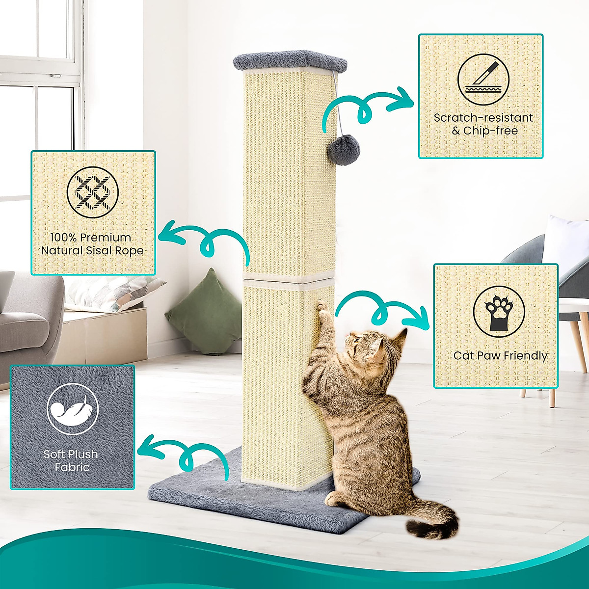 YULOYI Cat Scratching Post 32 Inch for Indoor Large Cats and Kitten, Nature Sisal Tall Cat Scratch Post, Sisal Cat Scratcher Improve Cat's Scratching Habits and Protect Your Furniture, Grey