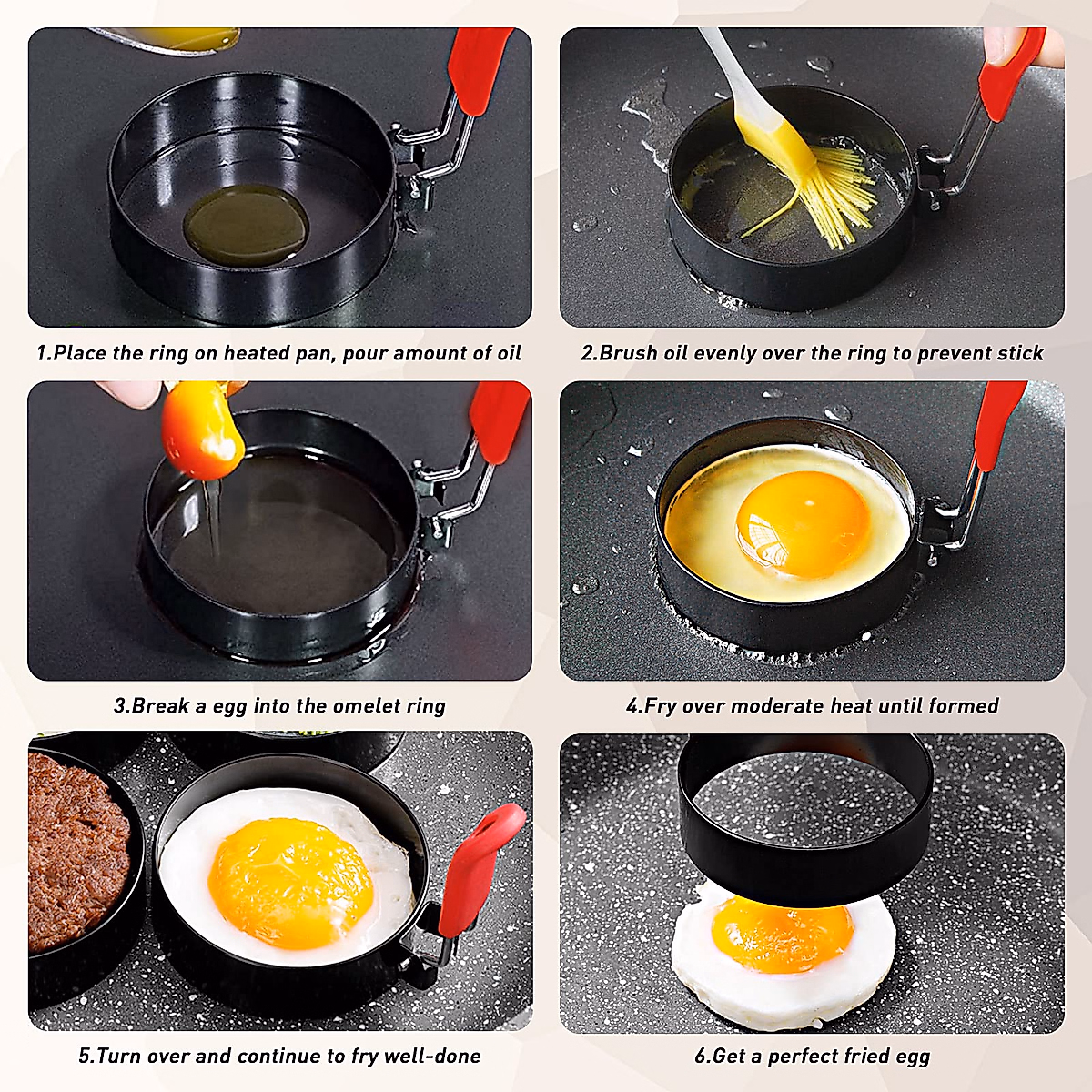 ESCULTORA 6PCS Pancake Ring, Cooking Rings, Nonstick Black Coated Metal Egg Ring with Anti-scald Handle for Griddle, DIY Sandwich Eggs, English Muffin, Pancakes, Burger, Breakfast