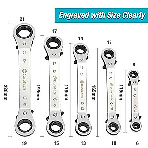 DURATECH 5 Pc Double Offset Box End Reversible Ratcheting Wrench Set Metric, Heavy-duty, Matte Chrome Plated, Ratchet Spanner Crooked for Narrow Spaces (6x8mm, 10x12mm, 13x14mm, 15x17mm, 19x21mm)