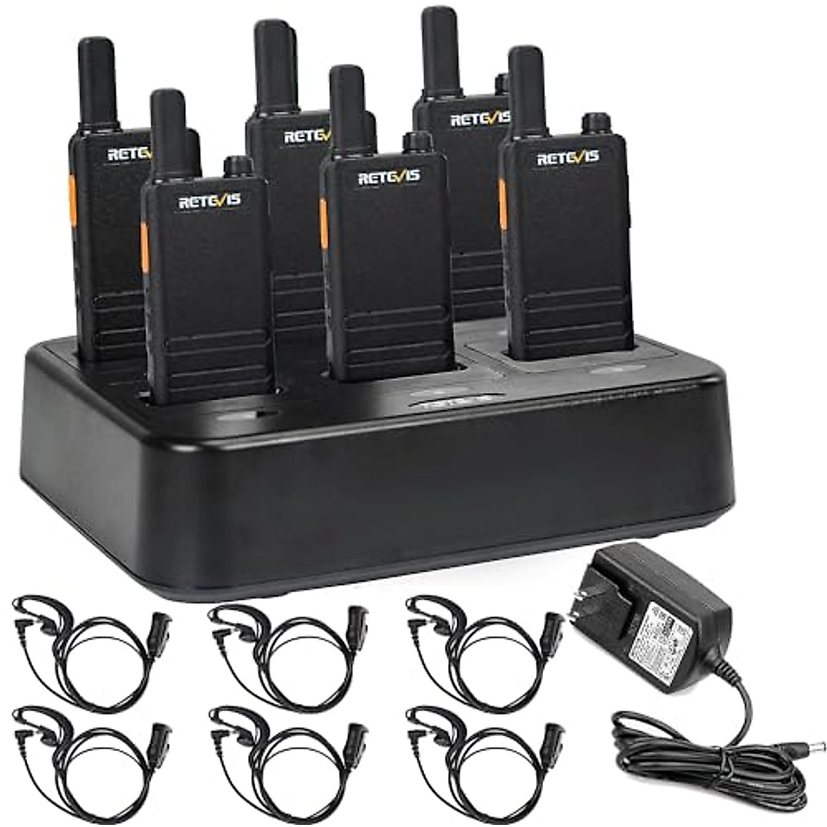 Retevis RT22P,New Version of RT22(2.0),Portable 2 Way Radio with Earpiece,1620mAh Battery,USB-C,Rechargeable Walkie Talkies(6 Pack) with 6 Way Multi Gang Charger,for Church Security School Warehouse