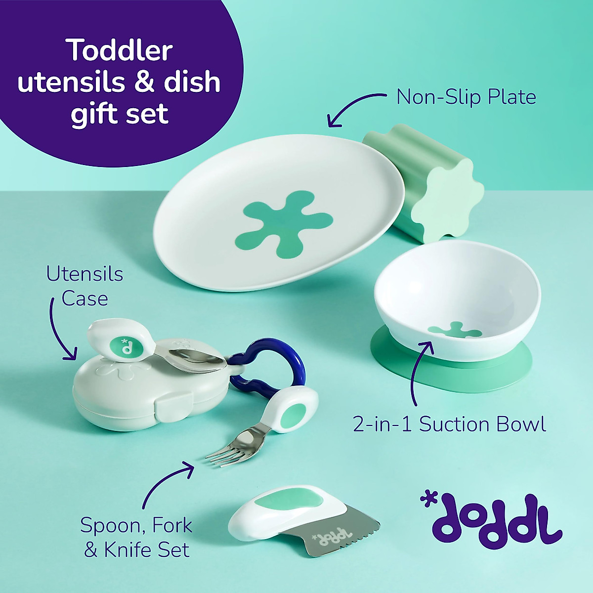 doddl Toddler Fork Spoon and Knife Set & Utensils Case, 2-in-1 Toddler Bowl, and Toddler Plate, Ergonomic Toddler Dish Gift Set, BPA Free, Dishwasher Safe