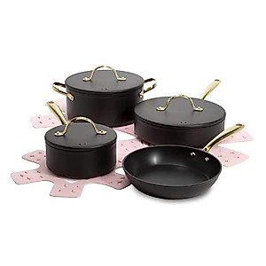 Paris Hilton Iconic Nonstick Pots and Pans Set, Multi-layer Nonstick Coating, Matching Lids With Gold Handles, Made without PFOA, Dishwasher Safe Cookware Set, 10-Piece, Black