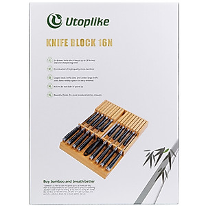 Utoplike In-drawer Knife Block Bamboo Kitchen Knife Drawer Organizer,Large handle Steak knife Holder without Knives, fit for 16 knives and 1 Sharpening Steel (16 Knife Organizer）
