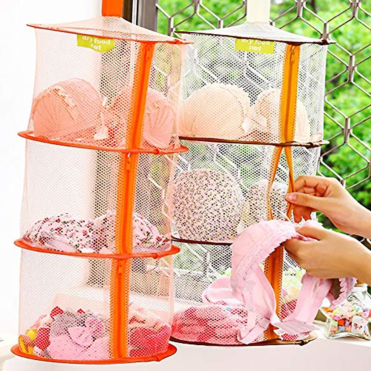 GSHLLO Foldable 3 Compartments Hanging Mesh Storage Bags Mesh Organizer Basket Drying Net Bag with Zipper for Bathroom Wardrobe