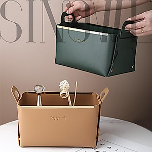 Decorative Faux Leather Basket,Small Catchall Basket for Entryway Bedside Dresser End table,Collapsible Rectangle Tray Organizer Box,Set of 2,Brown