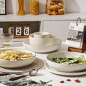 S&Q'S CERAMICS Large Serving Bowls Set of 4, 65 Ounce Large Salad Bowls,10'' Ceramic Wide Shallow Bowl Plates, Big Serving Dishes for Party, Entertaining, Microwave Safe (Glazed Matte Off-White)