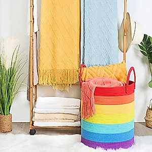 MINTWOOD Design Large Decorative Woven Cotton Rope Basket, Tall Laundry Basket Hamper, Blanket Basket for Living Room, Storage Baskets for Toys, Towel, Throw, Pillow, 60L Rainbow