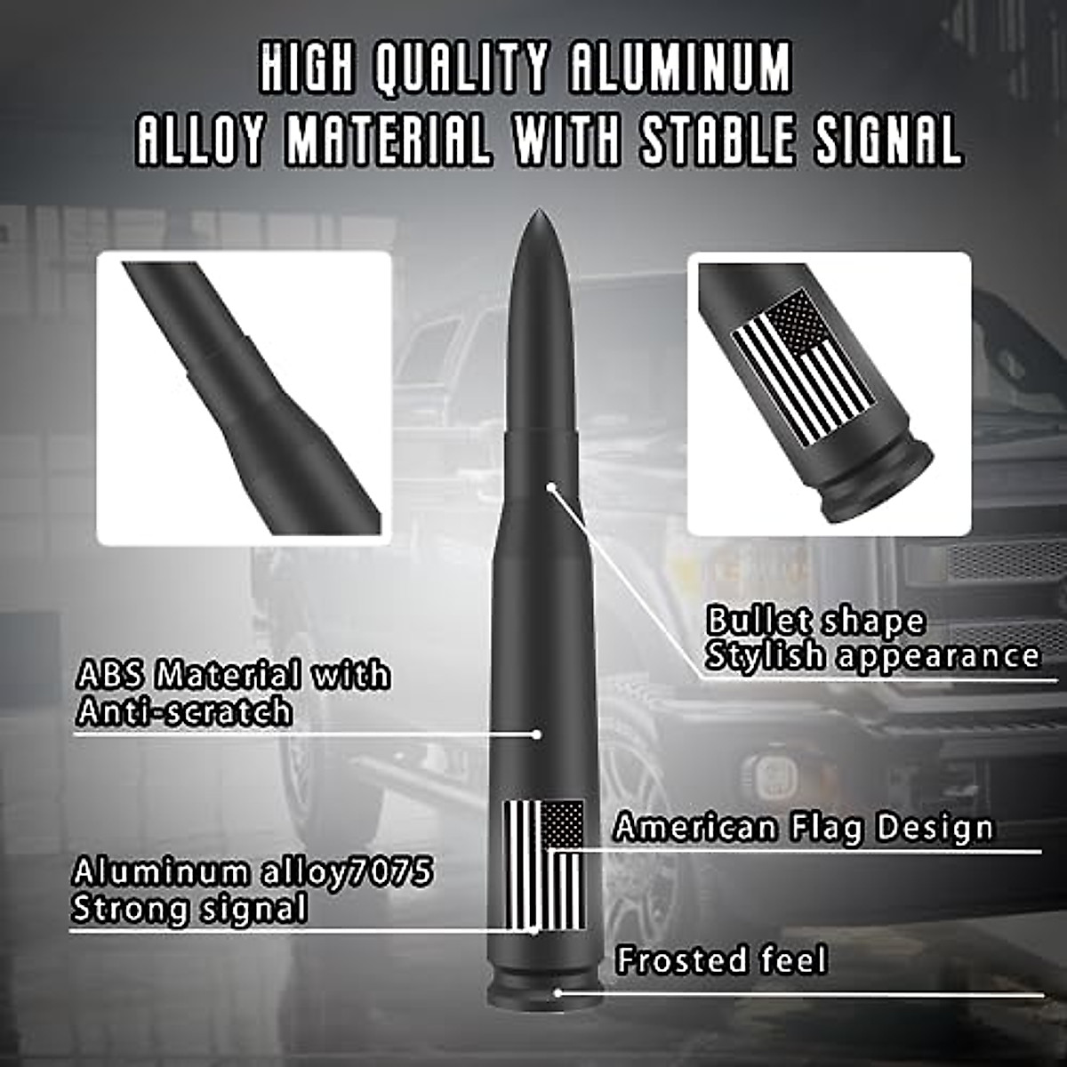 Truck Car Bullet Antenna with Valve Stem Caps Mast for GM Chevy Silverado 1500 2500 3500 HD Ford F150 F250 F350 Denali Heavy Pickup Jeep AM/FM Truck Accessories (Matte Black)-America Flag