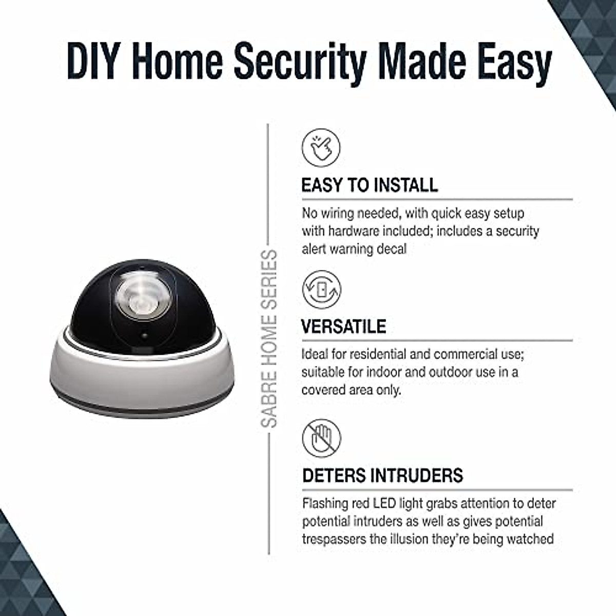 SABRE Fake Dome Security Camera, Flashing Red Light For Nighttime Visibility, Realistic Design Deters Intruders, Battery Operated, No Wiring Required, Fake Dummy Camera, White