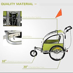 Aosom Elite 360 Swivel Bike Trailer for Kids Double Child Two-Wheel Bicycle Cargo Trailer with 2 Security Harnesses, Green