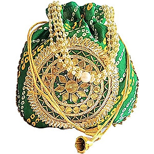 Potli Bag For Woman Ethnic Bandhej Polti Bag, Elegant Evening Wedding Party Purse For Women's BY PANACHE MERCHANT (Green)