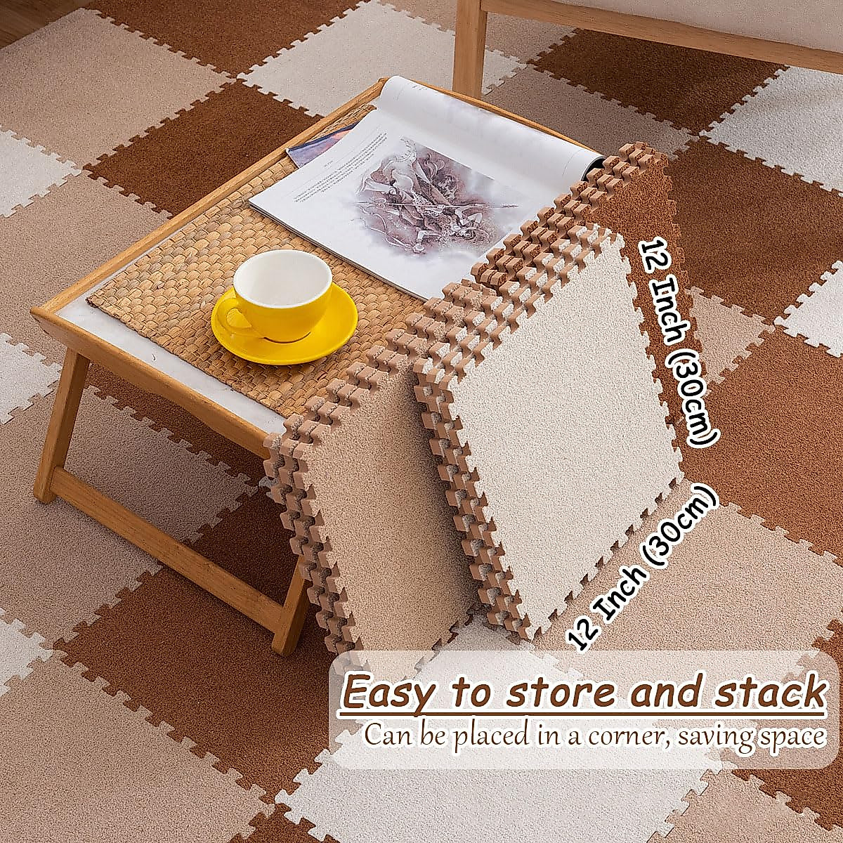 Interlocking Foam Mats,60 Pcs-60 Sq.ft. Plush Puzzle Floor Carpet Tiles,Fluffy Area Rugs,Exercise,Playroom,Bedroom,Parlor,12x12 Inch(Color:White+Light Grey)