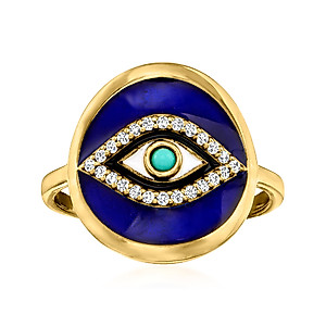 Ross-Simons 0.10 ct. t.w. White Topaz and Multicolored Enamel Evil Eye Ring With Turquoise in 18kt Gold Over Sterling. Size 9