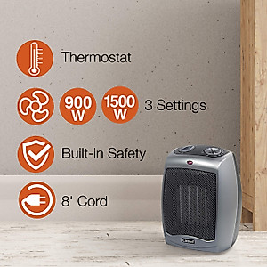 Lasko 754201 Small Portable 1500W Electric Ceramic Space Heater with Tip-Over Safety Switch, Overheat Protection, Thermostat and Extra Long 8-ft Cord for Indoor Ho, 9.2 x 7 x 6 inches, Gray