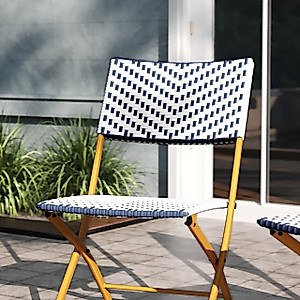 EMMA + OLIVER Ciel Two Piece Folding Bistro Chairs - Navy and White PE Rattan - Natural Finish Metal Frames - Indoor/Outdoor Use