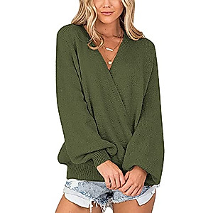 LookbookStore Fall Cute Sweater for Woman 2023 Winter Knit Sweaters Trendy Tops Army Green Long Sleeve Faux Wrap Surplice V Neck Wrap Sweater for Women Pullover Sweater Tunic Top Size M Size 8 10
