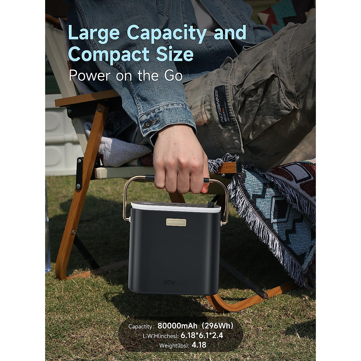 MOVE SPEED 80,000mAh Power Bank 130W Portable Power Station with Digital Display, Lighting, USB C 5-Port Support Solar Recharge for Outdoor Camping,Laptop,Emergency Backup(296Wh)