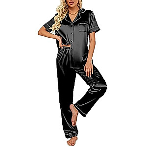 Ekouaer Satin Pj Set Sexy Soft Sleep Sets For Women Casual Button Down Loungewear(Black,Large)