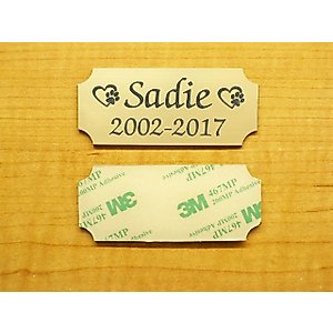 Custom Engraved 1.25x3 Brushed Gold Pet Name Memorial Plaque with Calligraphy Script Font & Adhesive Backing | Urn Ash Box Memory of Dog Cat Personalized