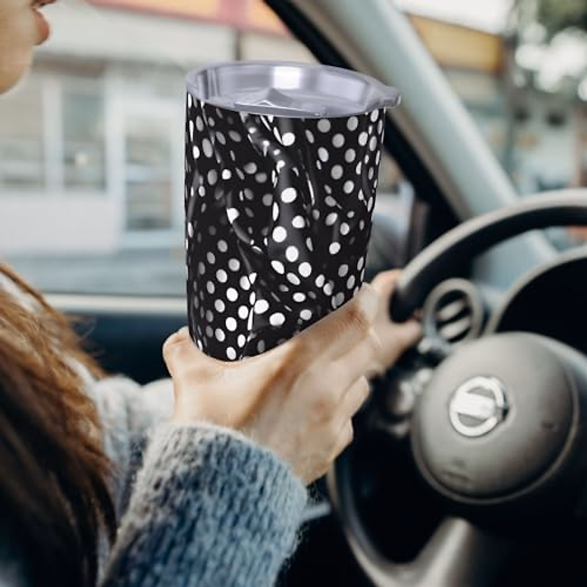 WXZYFP Car cup (single silver rim), can use a straw or drink directly, easy to use.Black and white corrugated dots
