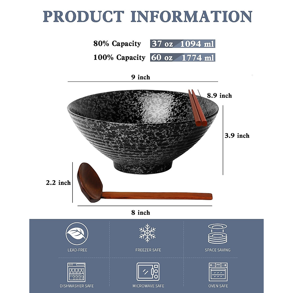 Kanwone Ceramic Japanese Ramen Bowl Set, Noodle Soup Bowls - 60 Ounce, with Matching Spoons and Chopsticks for Udon Soba Pho Asian Noodles, Set of 2, Black