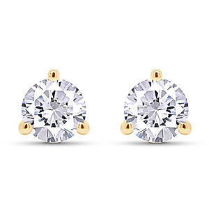 SAVEARTH DIAMONDS 14K Yellow Gold Post & 925 Sterling Silver 7.5MM Round Cut Lab Created Moissanite Diamond 3-Prong Martini Style Stud Earrings 3.0ct