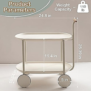 GGW Rolling Cart with Handle, 2-Tier Small Bar Cart, Serving Cart with Wheels, Drink Cart with Steel Frame, Mobile Sofa Side Table with Trays for Home, White
