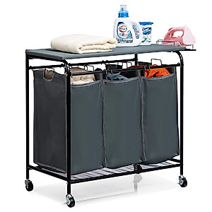 ALIMORDEN 3 laundry basket sorter with foldable ironing board,Removable Bag 3 laundry basket sorter with wheels Dark Grey