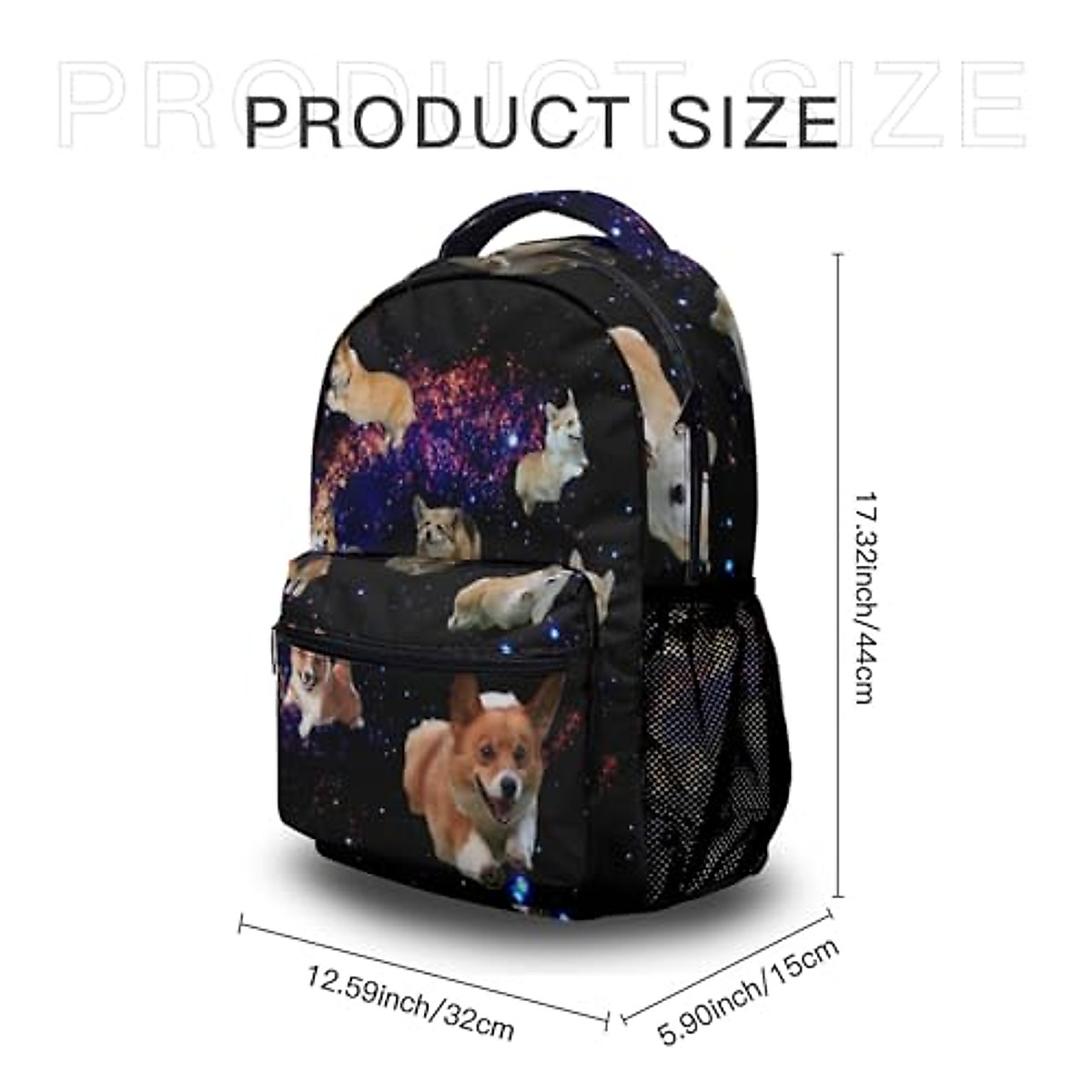 Granbey Galaxy Welsh Corgis Backpack Cute Space Puppies Waterproof College Bag Personalized Laptop Bag Travel Zipper Bookbag Casual Hiking Shoulder Daypack for Men Women Teens
