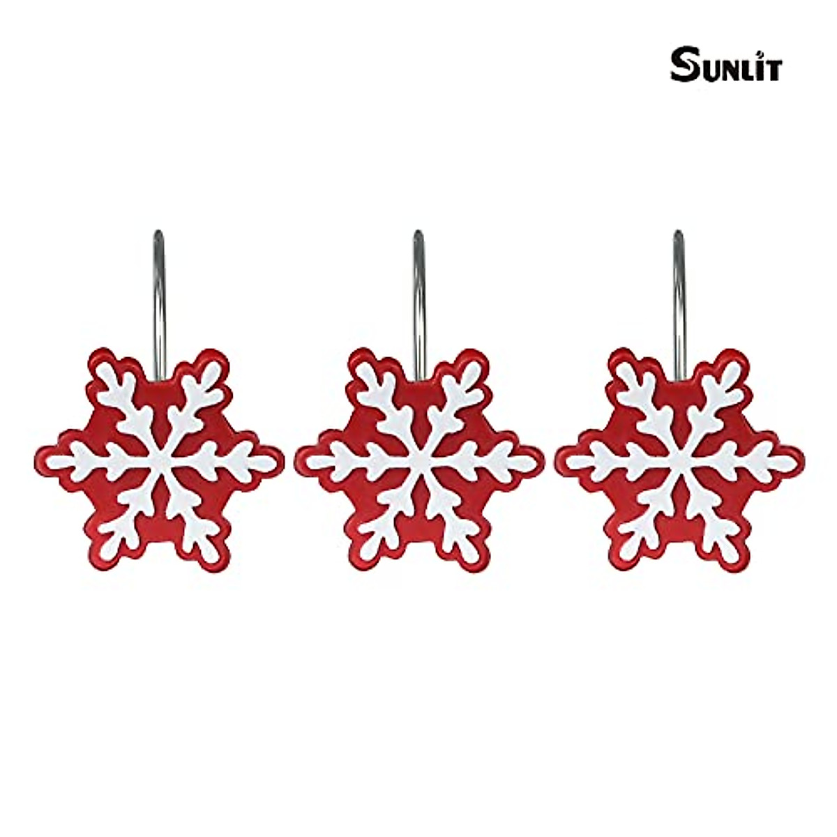Sunlit Christmas Shower Curtain Hooks Snowflakes Shower Curtain Rings, Resin, Red and White Christmas Decor, Winter Bathroom Decoration - 12 Pack