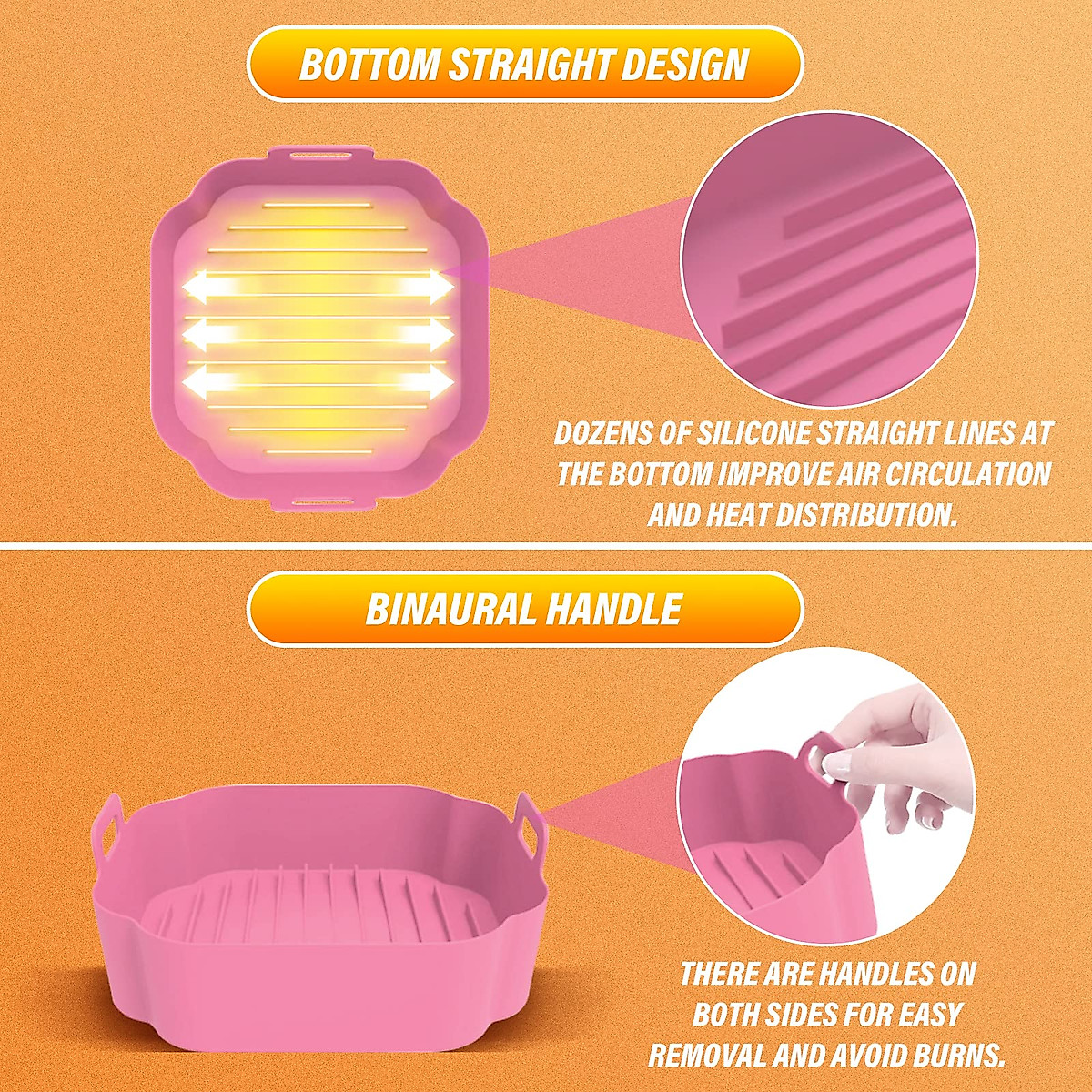 3 Pcs Air Fryer Silicone Liners, Air Fryer Basket 8 inch Square Heat Resistant Reusable Air fryers Silicone Pot for 4 to 7 QT Air Fryer Oven Microwave (Gray+Pink+Yellow)