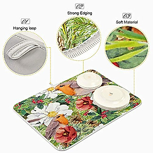 Flower Tree Bird Winter Art Dish Drying Mat 16"x18" Absorbent Machine Washable Hanging Fast Dry Pad Dish Protective Mat for Kitchen Countertop Heat Resistant Dinner Table Mat