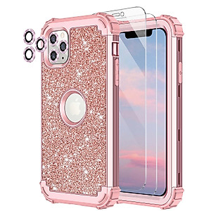 LONTECT for iPhone 11 Pro Max Case Glitter Sparkly Bling 3 in 1 Shockproof Heavy Duty Full Body Sturdy Protective Case for Apple iPhone 11 Pro Max with 2 Screen Protector+2 Camera Protector,Rose Gold