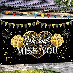 We Will Miss You Party Decorations Black Gold Going Away Party Banner Backdrop We Will Miss You Party Background Large Yard Sign Photo Booth for Grad Farewell Anniversary Retirement Party Decorations Supplies