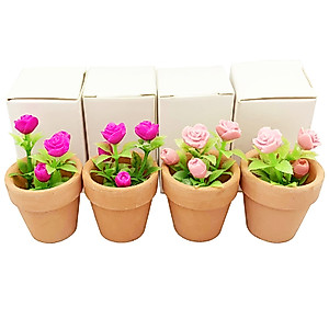4 Pieces Mini Dollhouse Potted Plant Flower Model 1:12 Miniature Scene Bonsai Plant Set Accessories Micro Landscape Decoration (Rose+Pink)